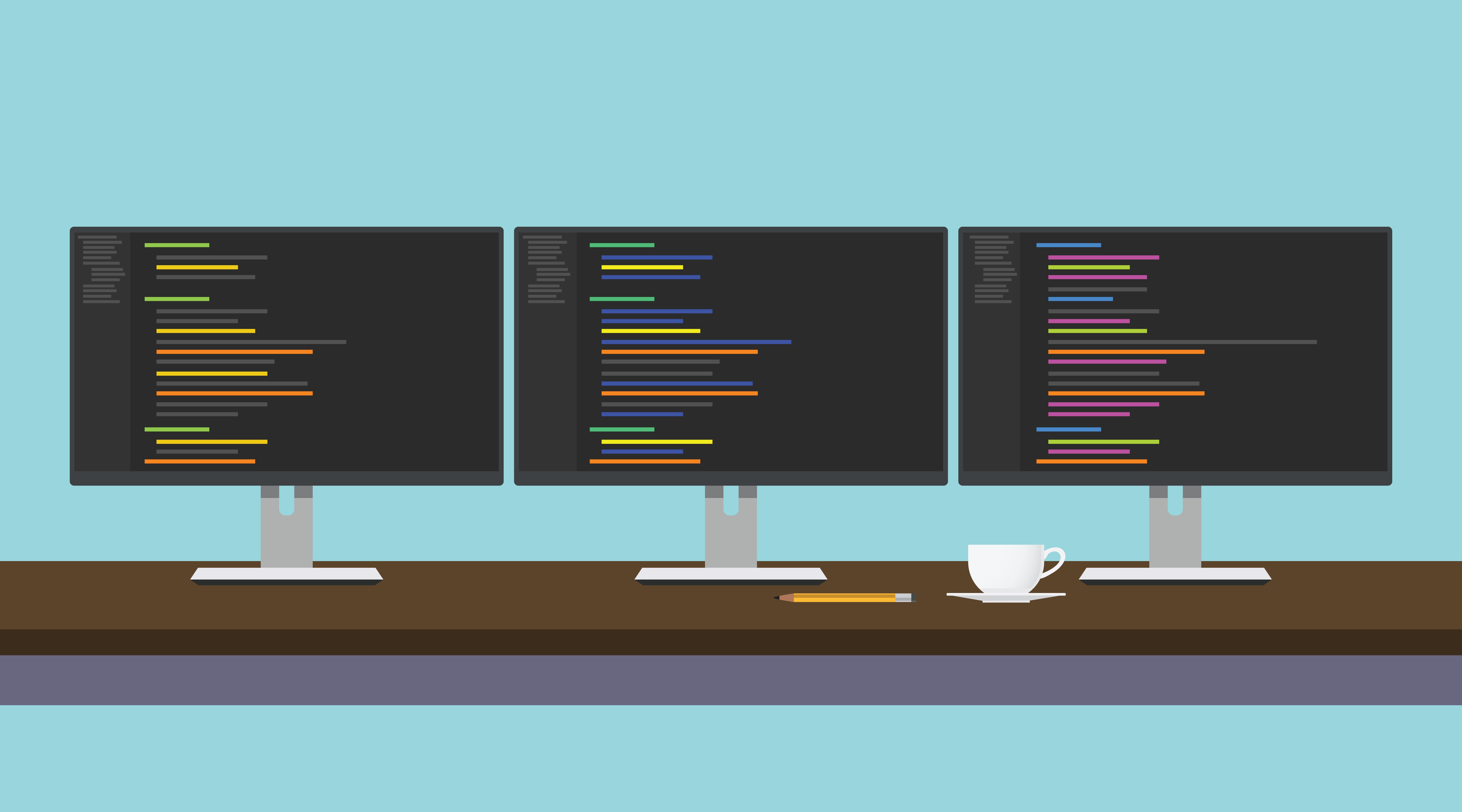 programmer workdesk triple monitor with programming code vector - DAM ...